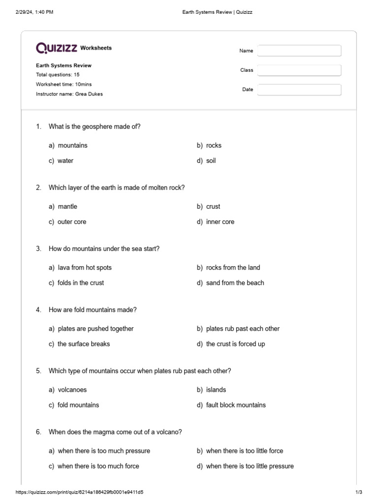Earth Systems Review Quizizz Worksheet | PDF | Volcano | Mountains