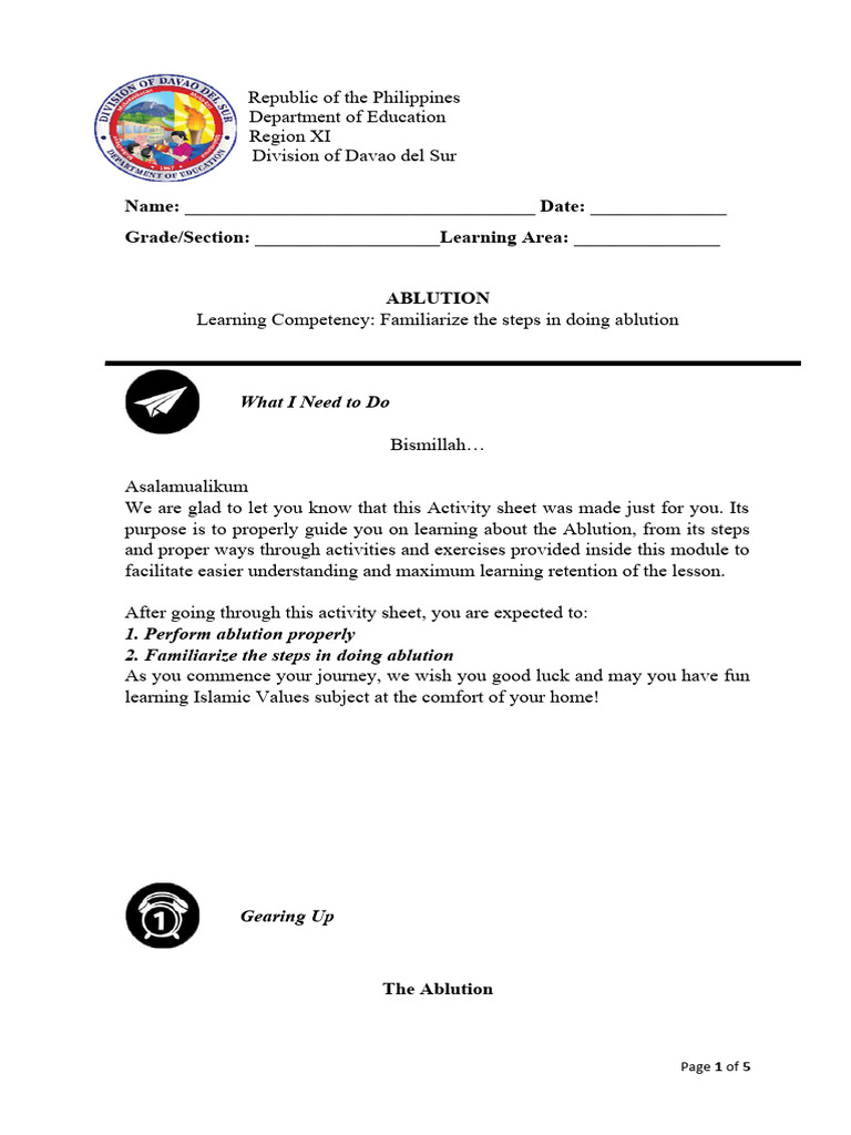 ABLUTION Activity Sheet | PDF | Abrahamic Religions | Sharia