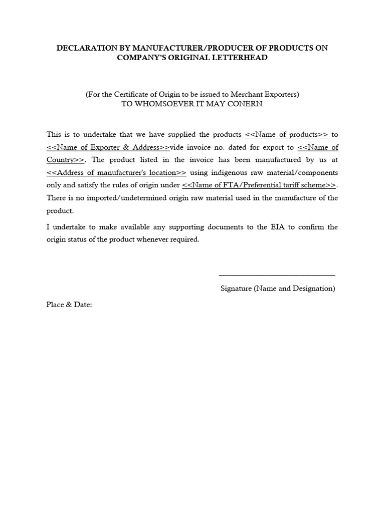 Template Manufacturer-Producer's Declaration | PDF | Business | Finance ...