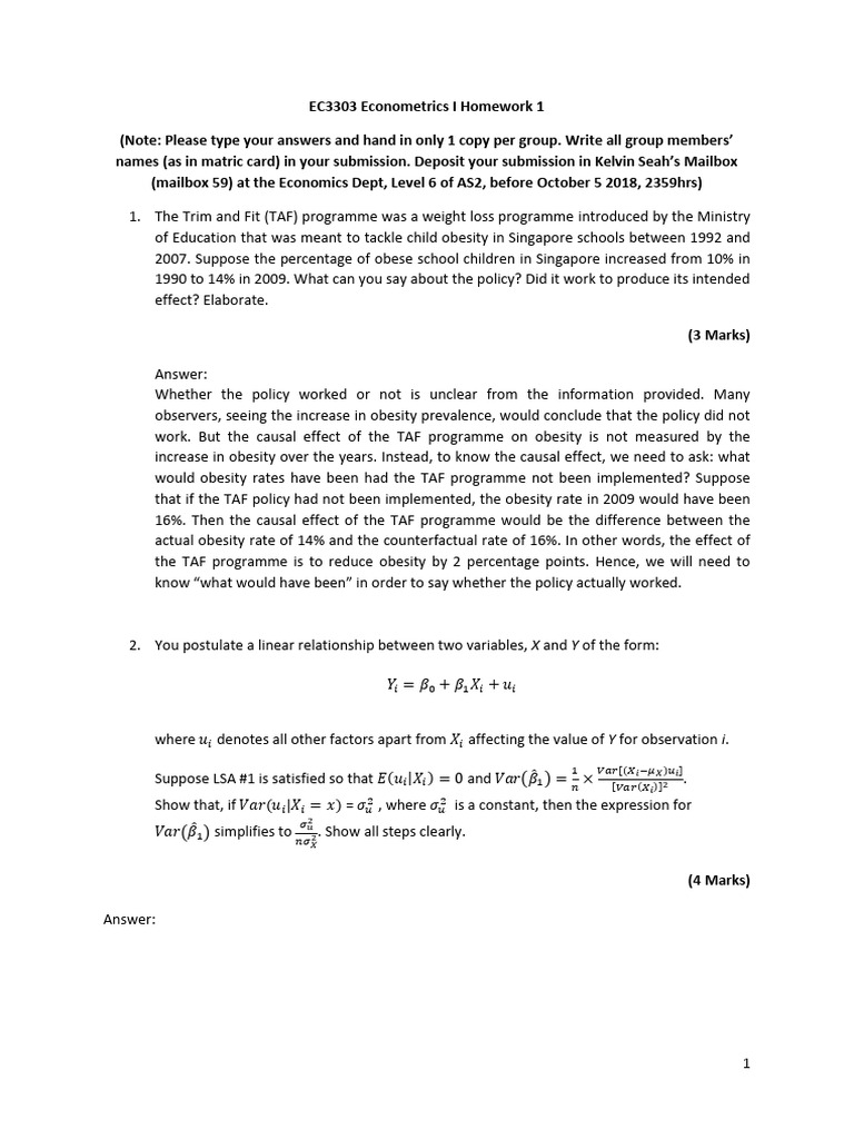 Homework 1 With Suggested Answers | PDF | Regression Analysis | Coefficient Of Determination