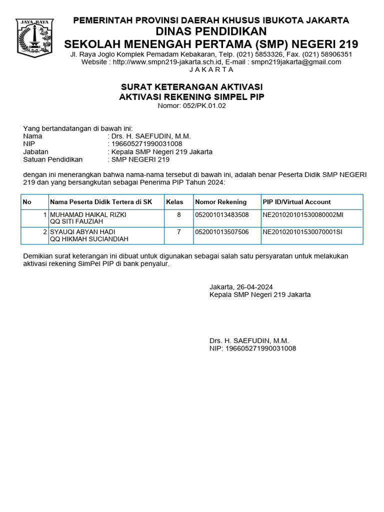 Surat Keterangan Aktivasi PIP Nominasi Tahun 2024, SMP NEGERI 219 - 052 ...