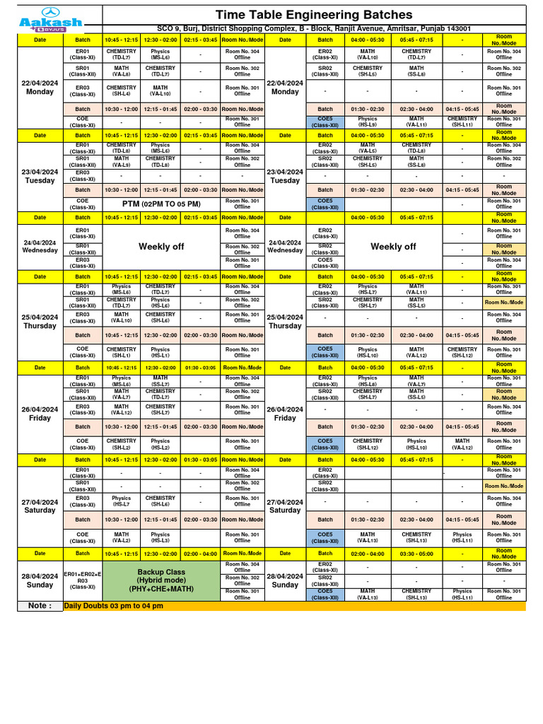 Engineering Time Table - 22!04!24!28!04-24 | PDF