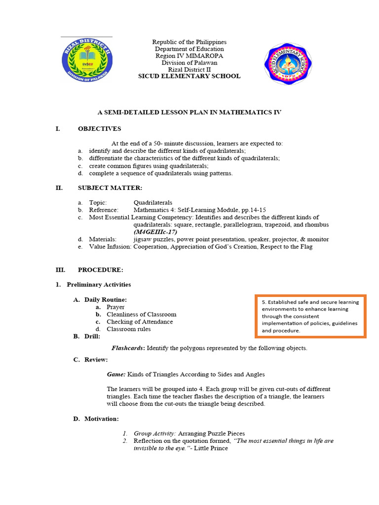 Math4 Quadrilaterals Semi Detailed Lesson Plan 2 | PDF | Rectangle | Elementary Geometry