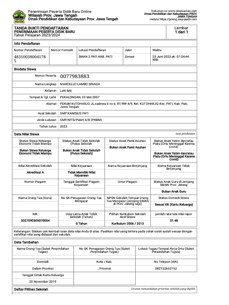 Rata-rata Nilai SMA 2 Pati 2023 | PDF
