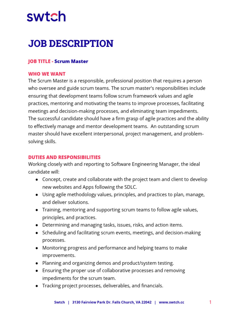 Scrum Master Role at Swtch | PDF | Scrum (Software Development) | Agile ...