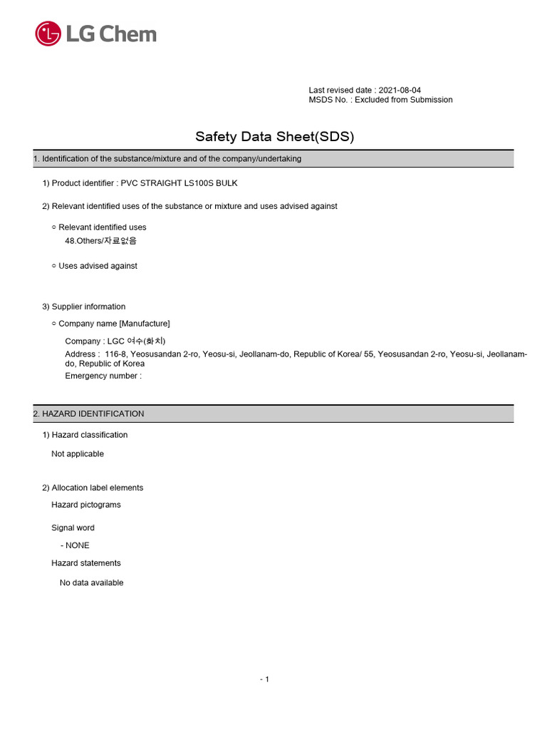 PVC Straight LS100S Safety Data Sheet | PDF | Polyvinyl Chloride | Toxicity