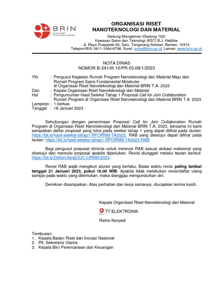 Pengumuman Hasil Seleksi Call For Join Collaboration Rumah Program ORNM T.A. 2023-Final-1 | PDF