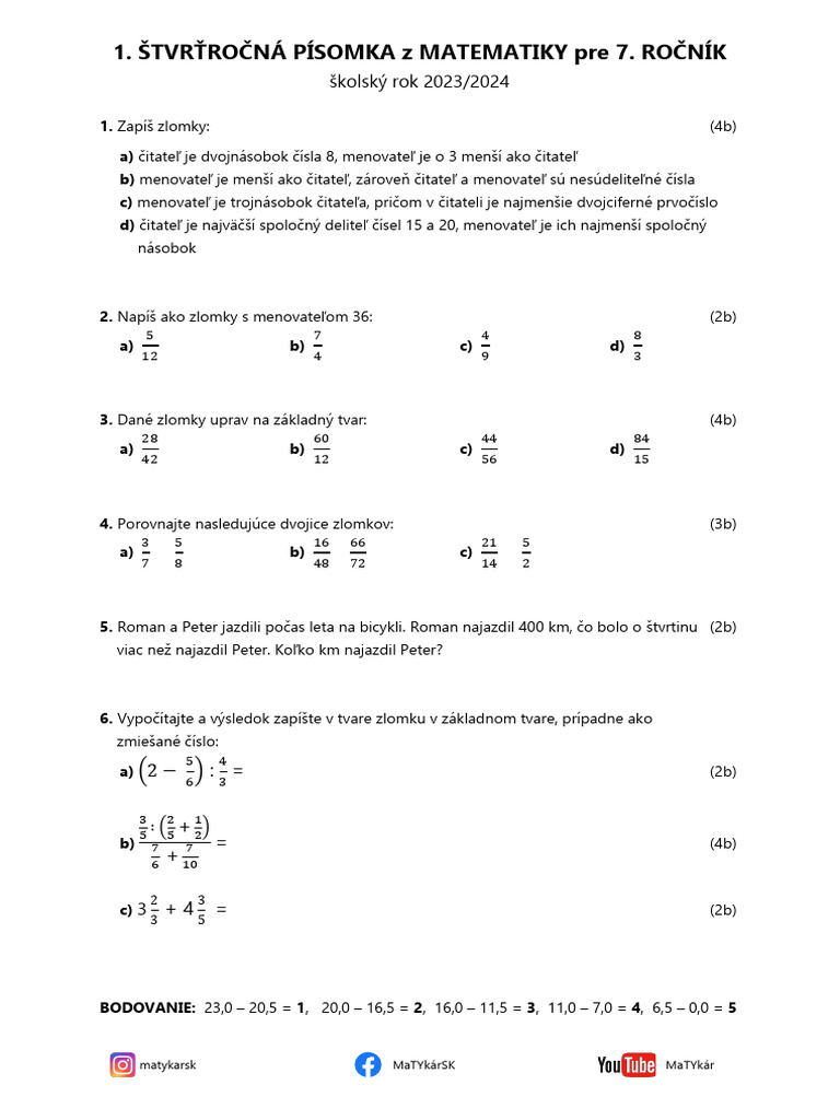 Štvrťročná Písomka Pre 7. Ročník - 23-24 | PDF