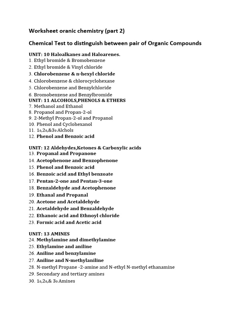 XII Worksheet Organic Chemistry Part 2 Chemical Test To Distinguish ...