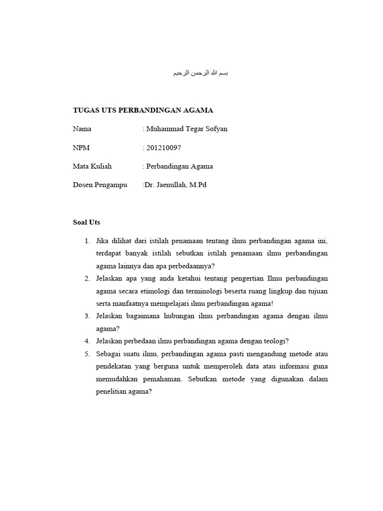 Uts - Tegar Sofyan (Perbandingan Agama) | PDF