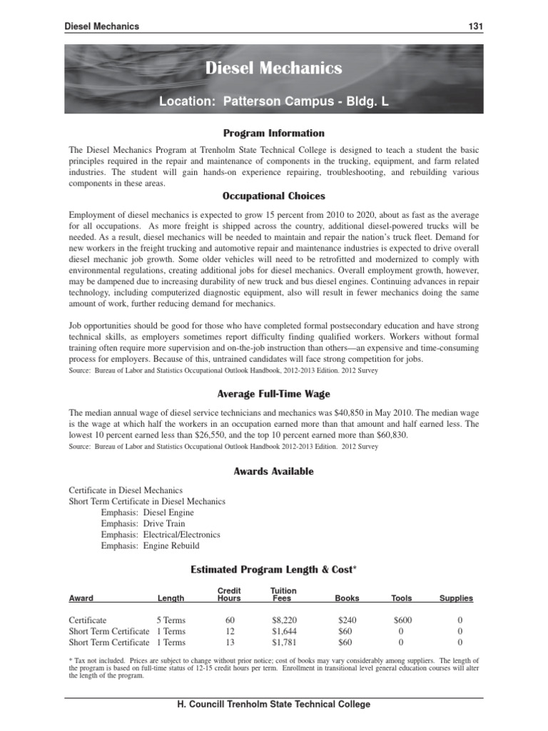Diesel Mechanics. Location - Patterson Campus - Bldg. L. Program ...