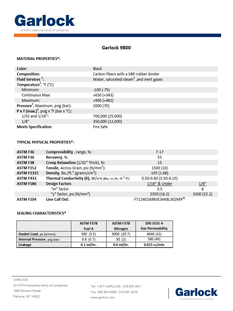 Garlock 9800 Material Specifications | PDF | Materials | Gases