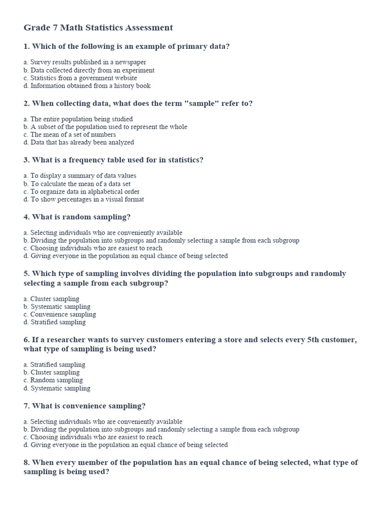 Grade 7 Math Statistics Assessment Quarter 4 | PDF | Sampling ...