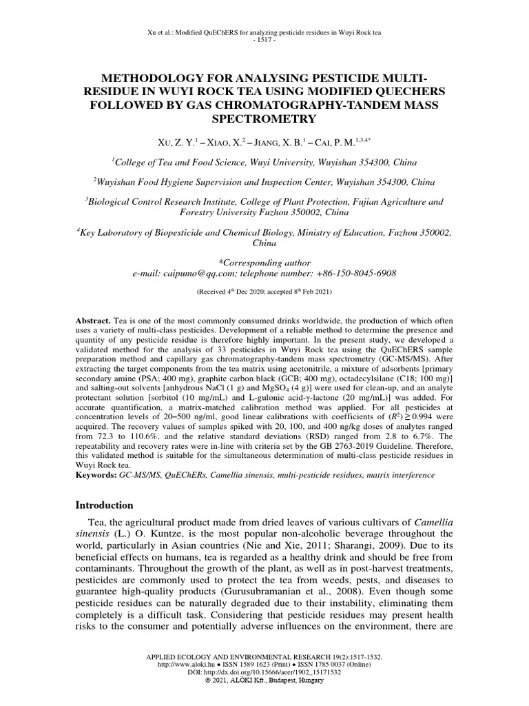 Methodology For Analysing Pesticide Multi-Residue in Wuyi Rock Tea Using Modified Quechers ...