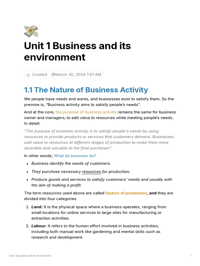 Unit 1 Business and Its Environment: 1.1 The Nature of Business Activity | PDF | Business | Resource