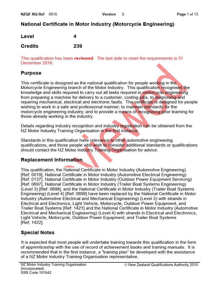 National Certificate in Motor Industry (Motorcycle Engineering) | PDF ...