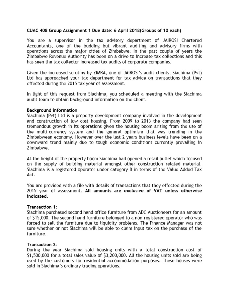 CUAC 408 Group Assignment 1 Due Date: 6 April 2018 (Groups of 10 Each) | PDF | Taxes | Value ...