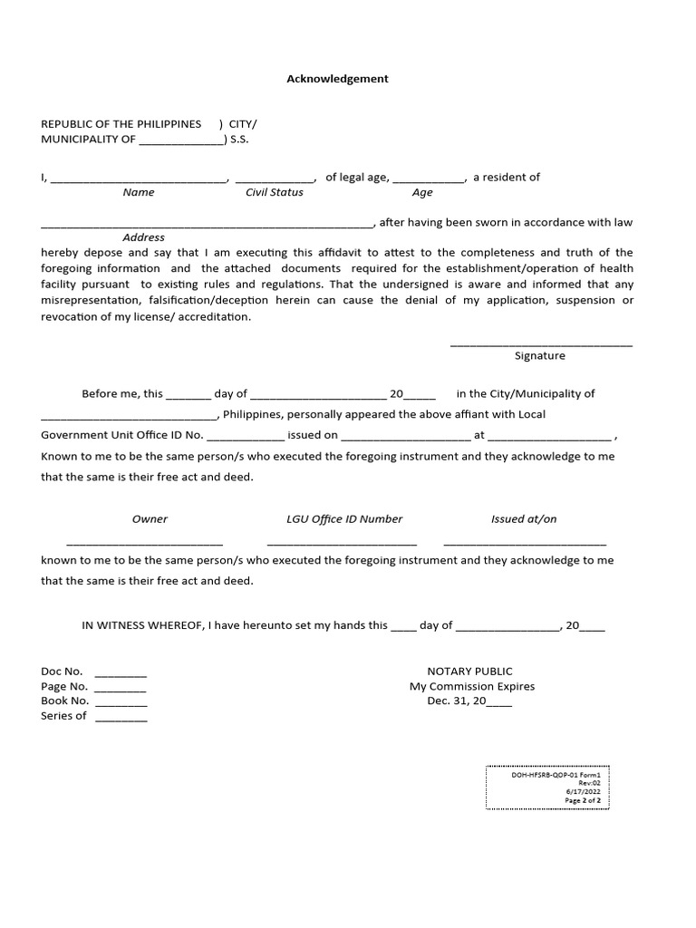 Health Facility Affidavit Acknowledgement | PDF | Affidavit | Legal Documents