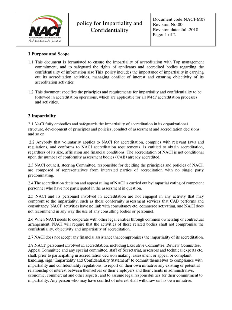 NACI-M07 Impartiality Statment | PDF | Confidentiality | Policy
