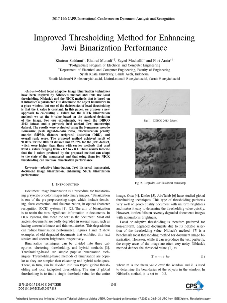 Improved Thresholding Method For Enhancing Jawi Binarization Performance | PDF | Standard ...