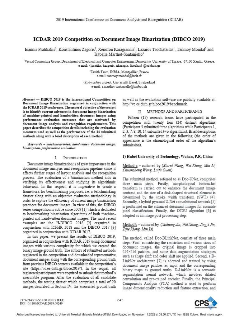 DIBCO 2019: Document Image Binarization Competition Results | PDF | Image Segmentation | Cluster ...