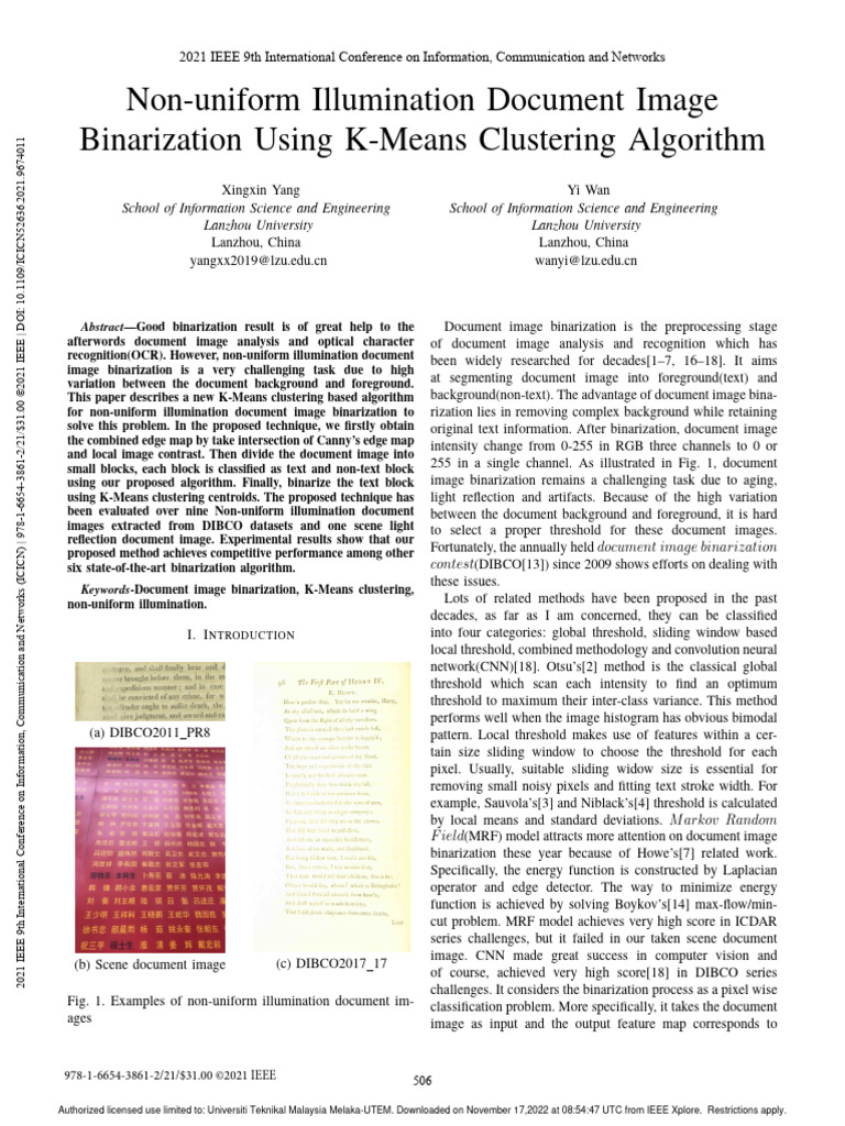 Non-Uniform Illumination Document Image Binarization Using K-Means Clustering Algorithm | PDF ...