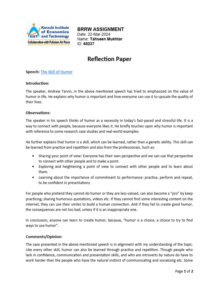 Assignment 1 - Reflection Paper 22.03.2024 | PDF | Humour | Learning