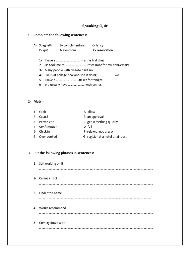 Speaking Quiz: Sentence Completion & Matching | PDF | Language Arts ...