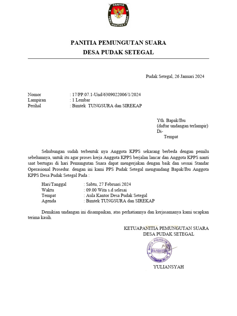 17 Undangan Bimtek KPPS 2024 | PDF