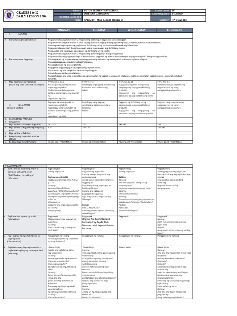 DLL Filipino 4 q4 w5 | PDF