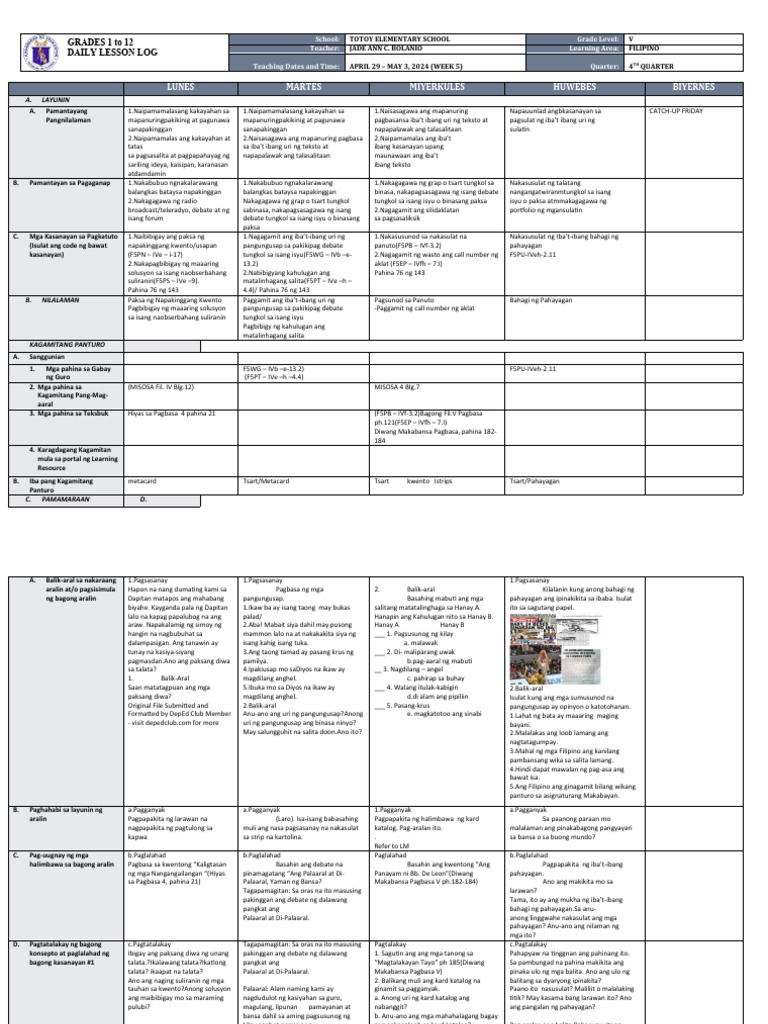 DLL Filipino 5 q4 w5 | PDF