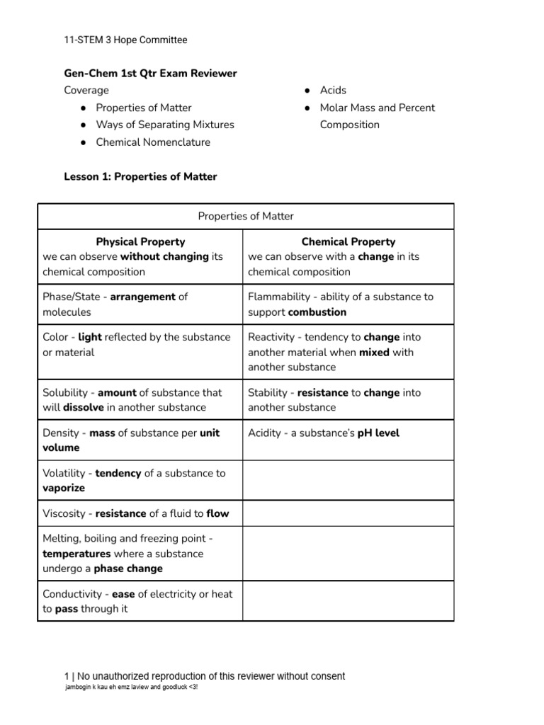 Gen-Chem Exam Reviewer: Key Concepts | PDF | Chemical Substances ...