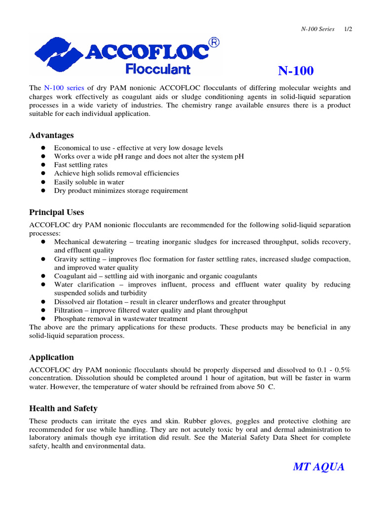 Mitsui (United) - Accofloc N-100 - TDS | PDF | Filtration | Materials