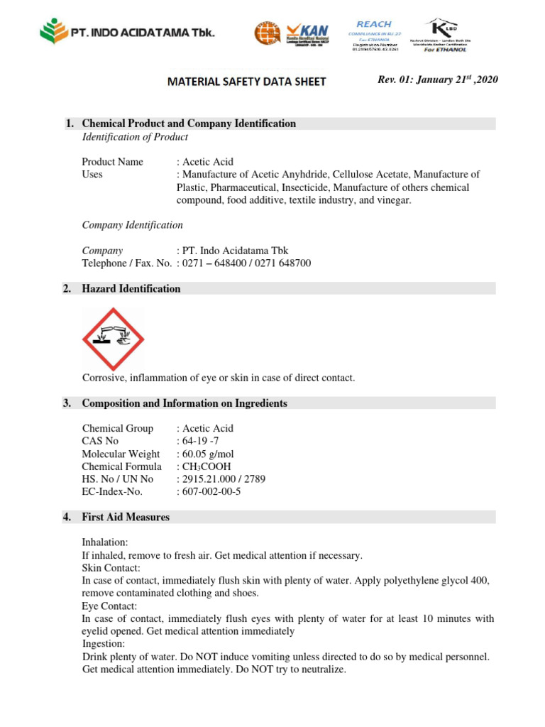 SDS Acetic Acid Rev 01 210120 | PDF | Water | Chemical Substances