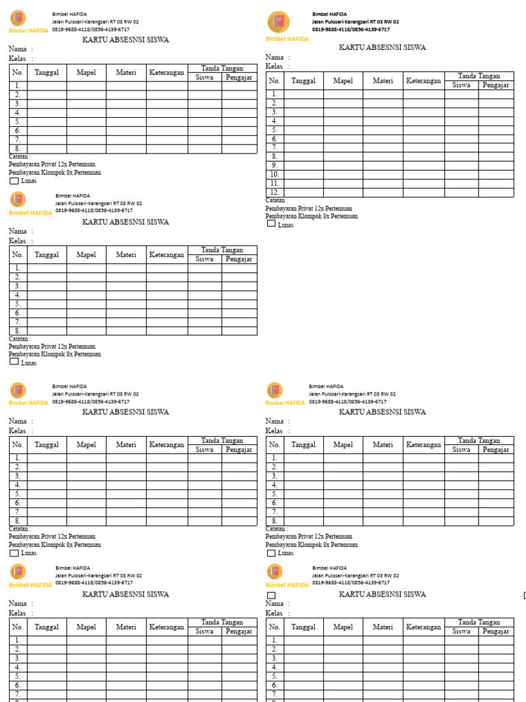 Kartu Absensi Les | PDF