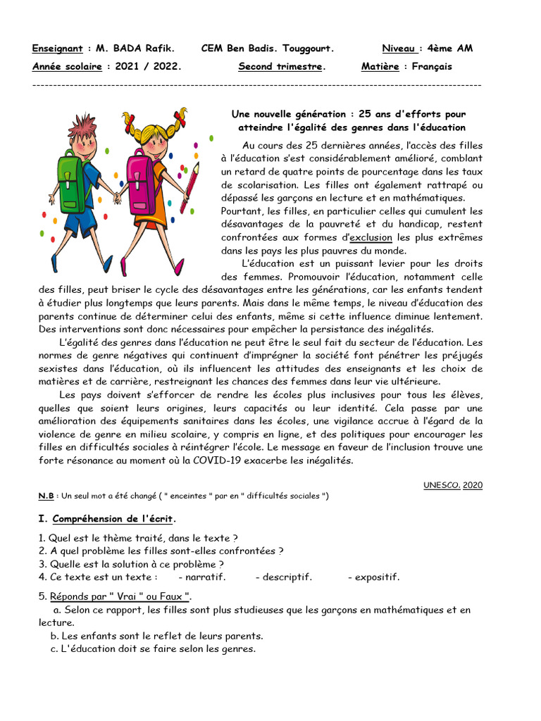 Égalité des genres en éducation : enjeux et solutions | PDF