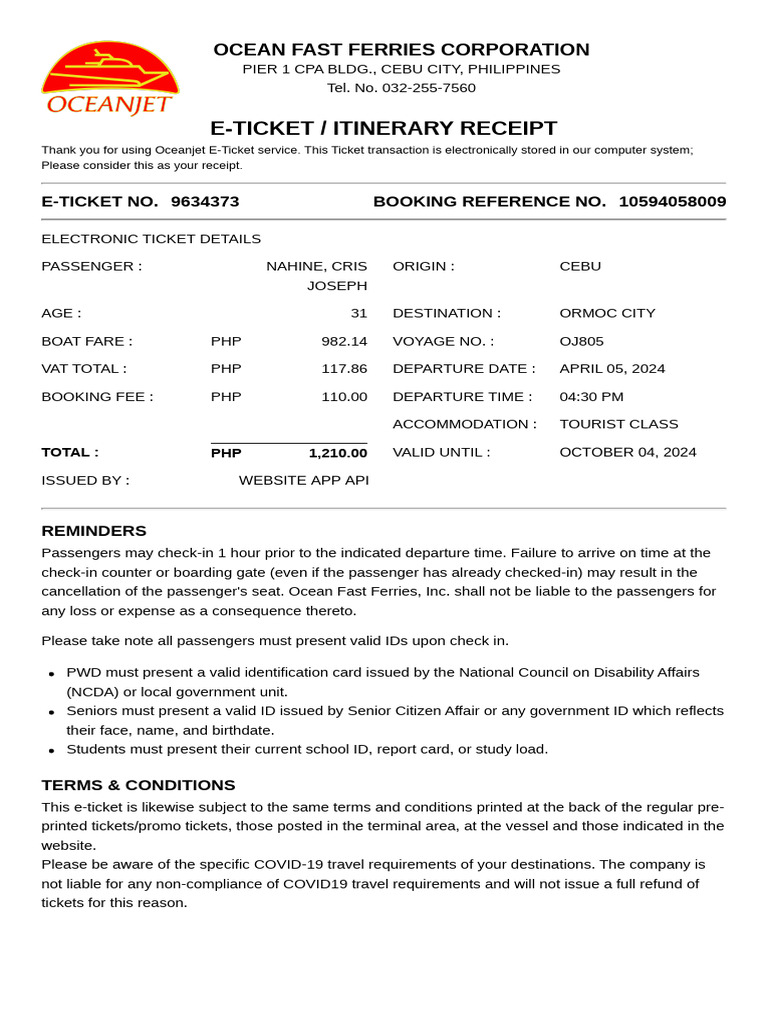 Oceanjet E-Ticket Receipt for Travel | PDF