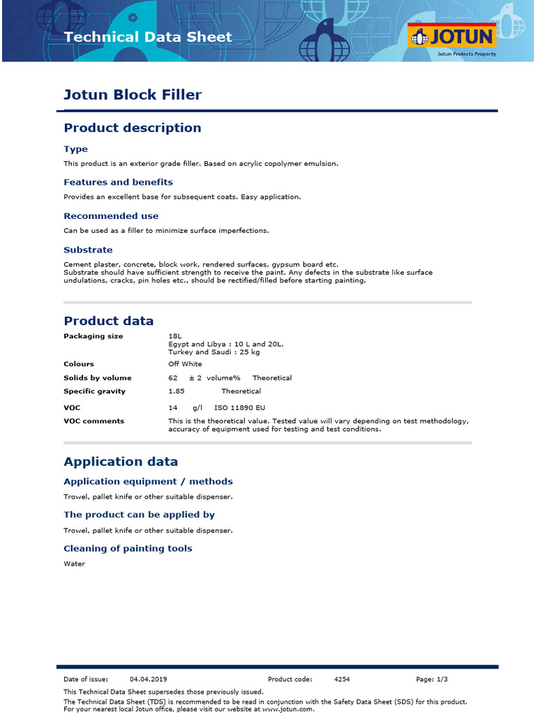 Jotun Block Filler Technical Data Sheet | PDF | Paint | Industrial ...