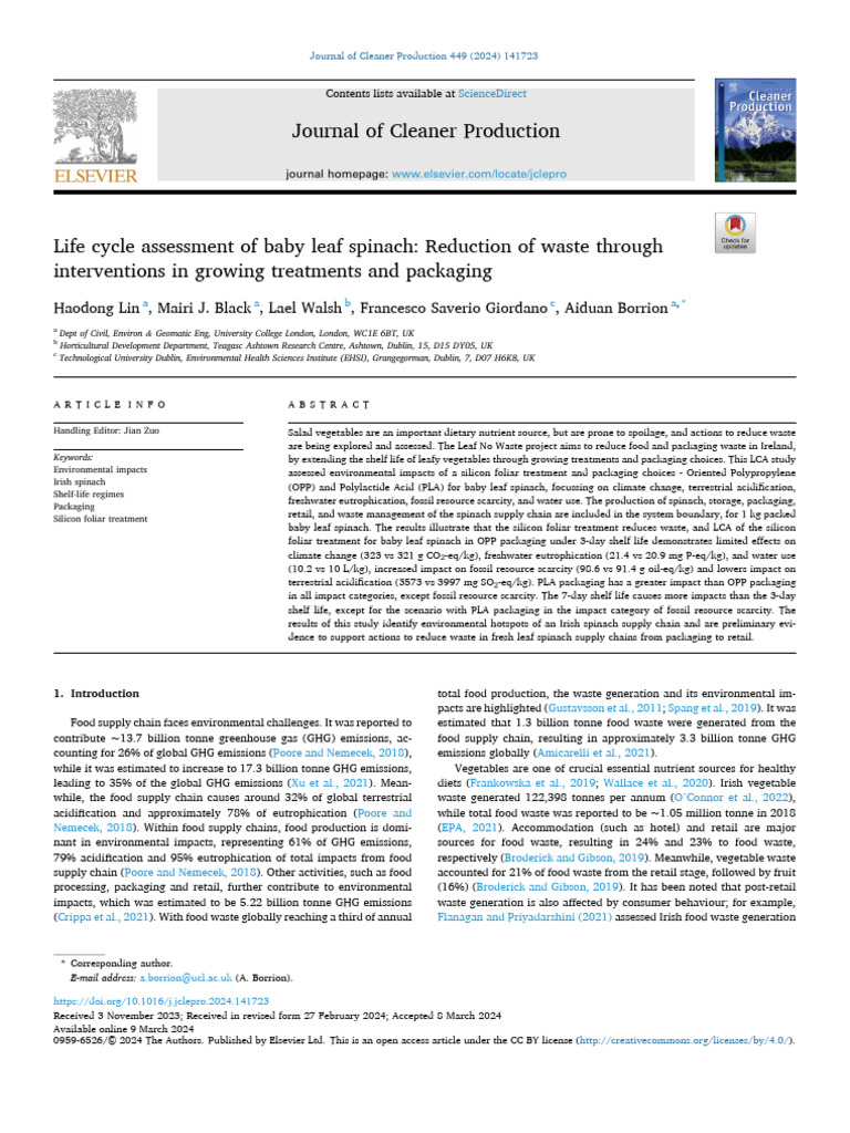 Life cycle assessment of baby leaf spinach | PDF | Life Cycle ...