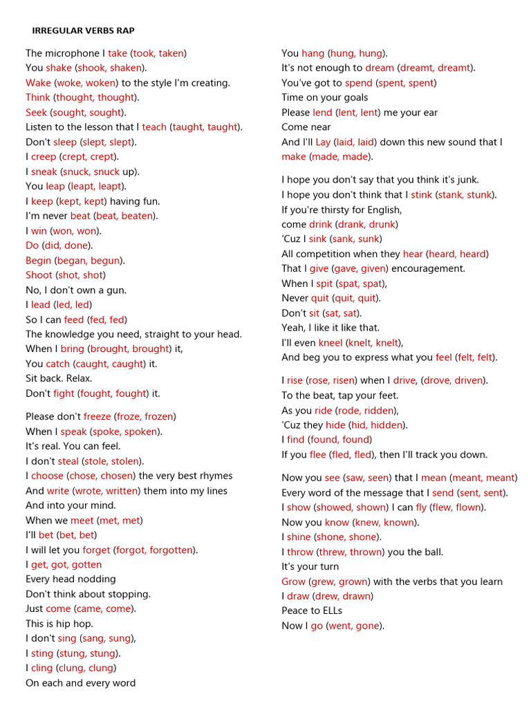 Irregular Verbs Rap Lyrics | PDF | Linguistics