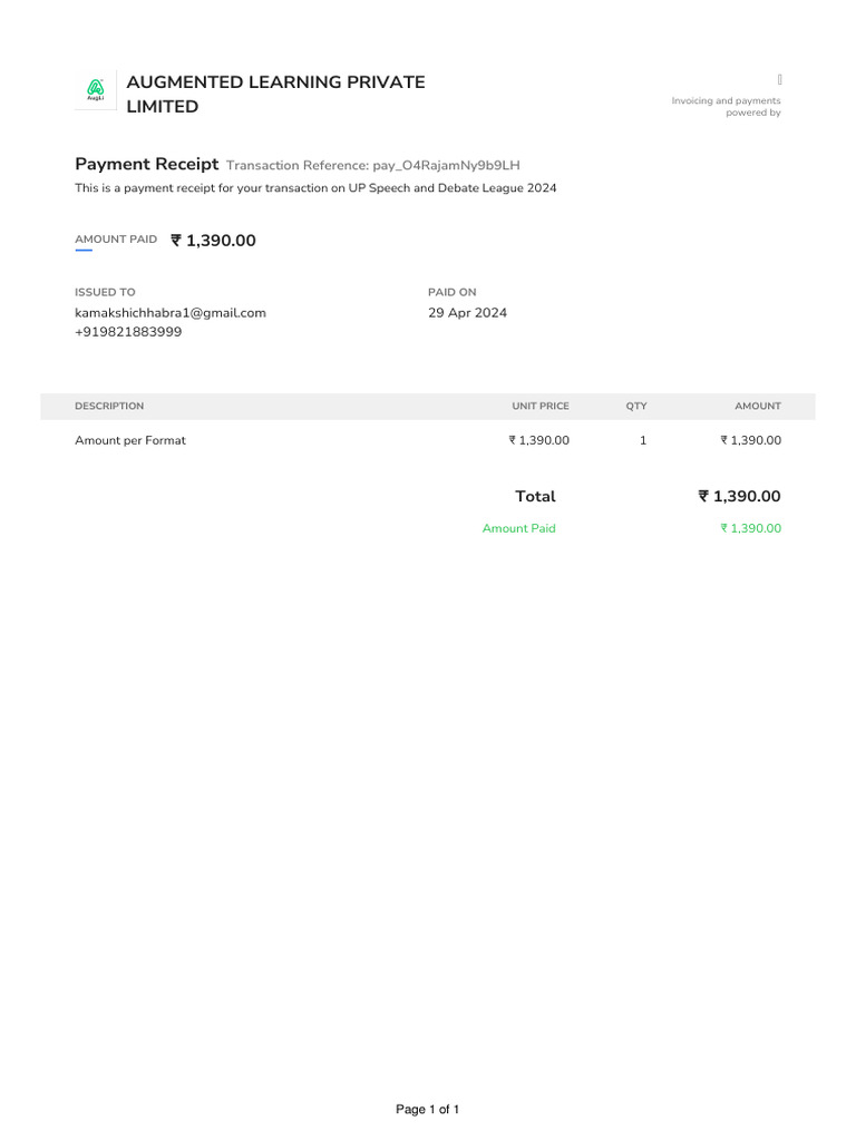 Receipt Pay - O4rajamny9b9lh From Augmented Learning Private Limited ...