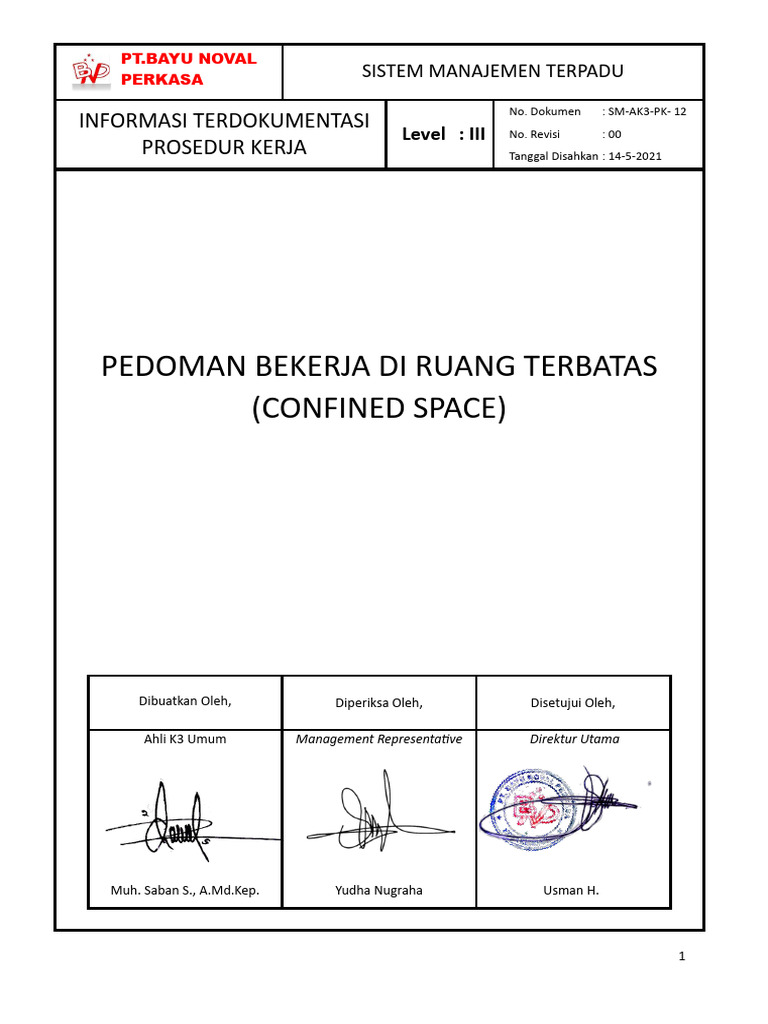 Prosedur Keselamatan Bekerja Di Ruang Terbatas (Confined Space) | PDF