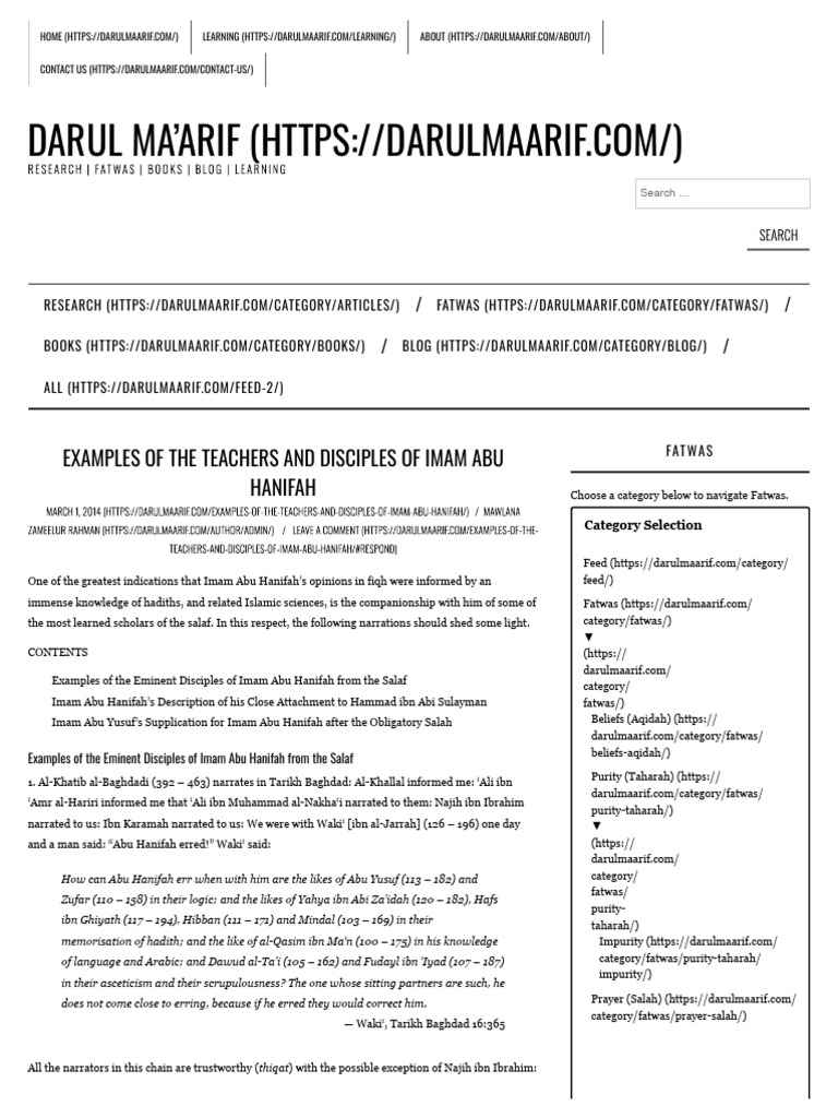 Teachers and Disciples of Imam Abu Hanifah | PDF | Hadith | Islamic Texts