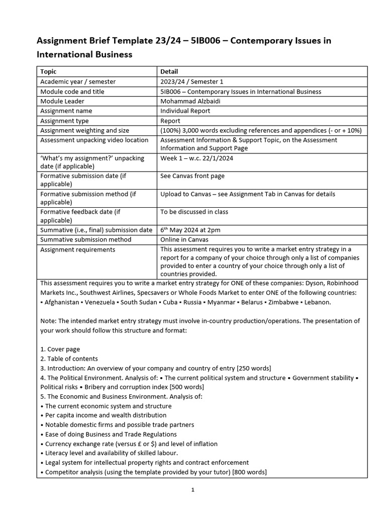 Assignment Brief Template 23/24 - 5IB006 - Contemporary Issues in ...