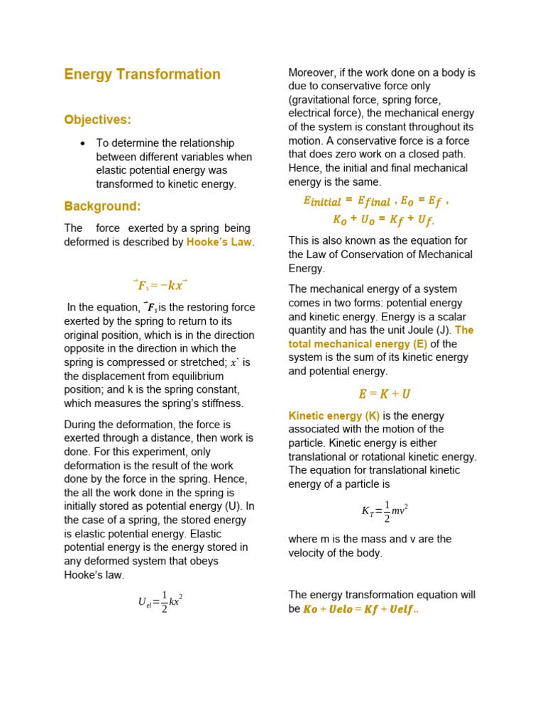 Lesson 3 - Energy Transformation | PDF | Force | Potential Energy