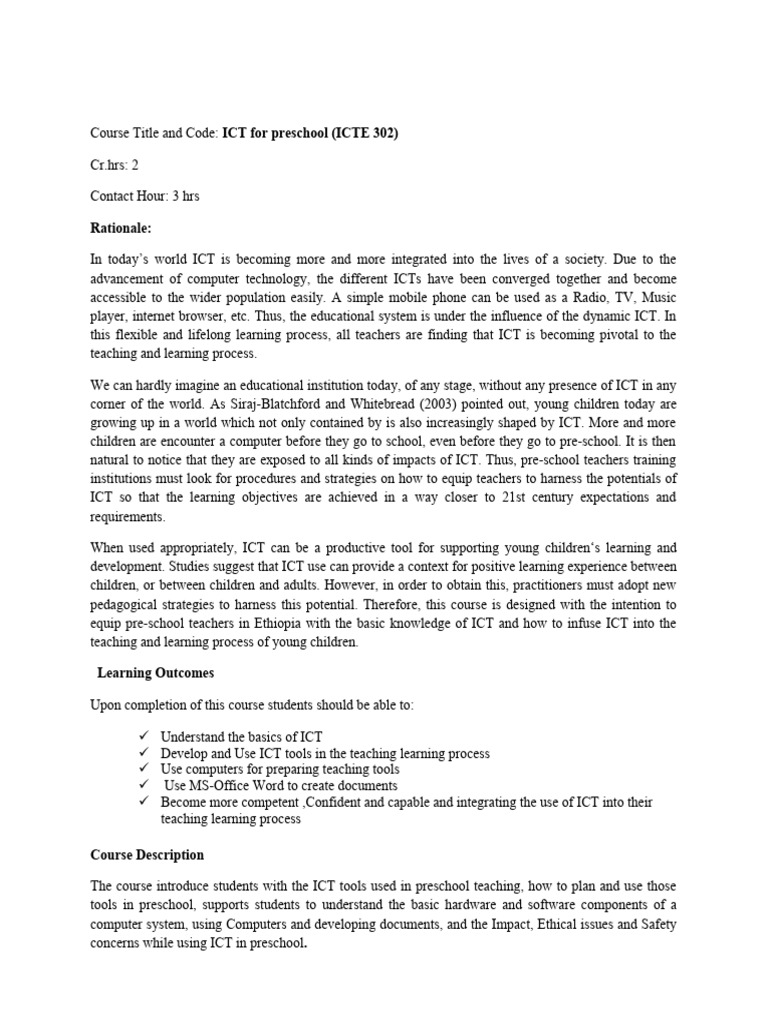 Course Title Pre School ICT | PDF | Computer File | Microsoft Word