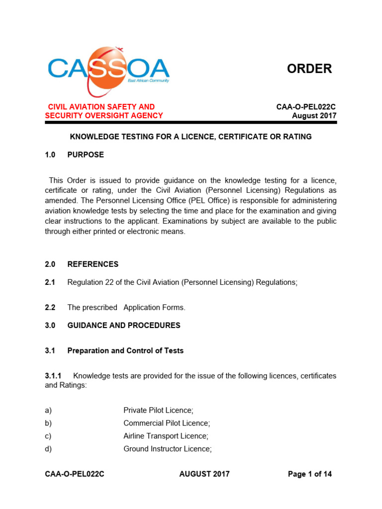CAA-O-PEL022C Theoretical Knowledge Testing | PDF | Flight Instructor ...