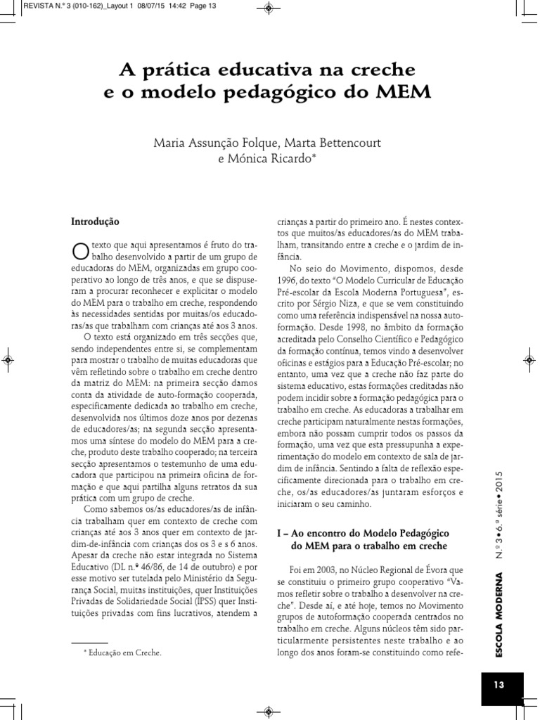 Modelo Pedagógico do MEM em Creche | PDF | Comunicação | Pedagogia