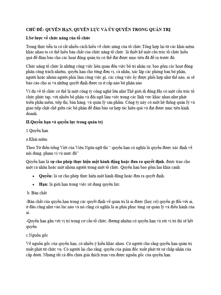 Quyền hạn quyền lực và ủy quyền quản trị học iuh | PDF
