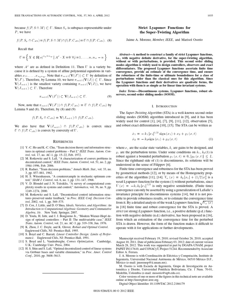 Strict Lyapunov Functions for STA | PDF | Stability Theory | Algebra